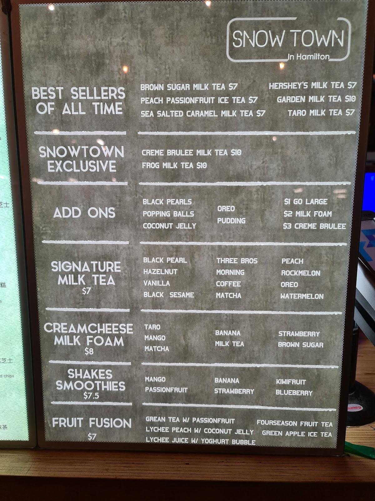 Menu at Snow Town desserts, Hamilton
