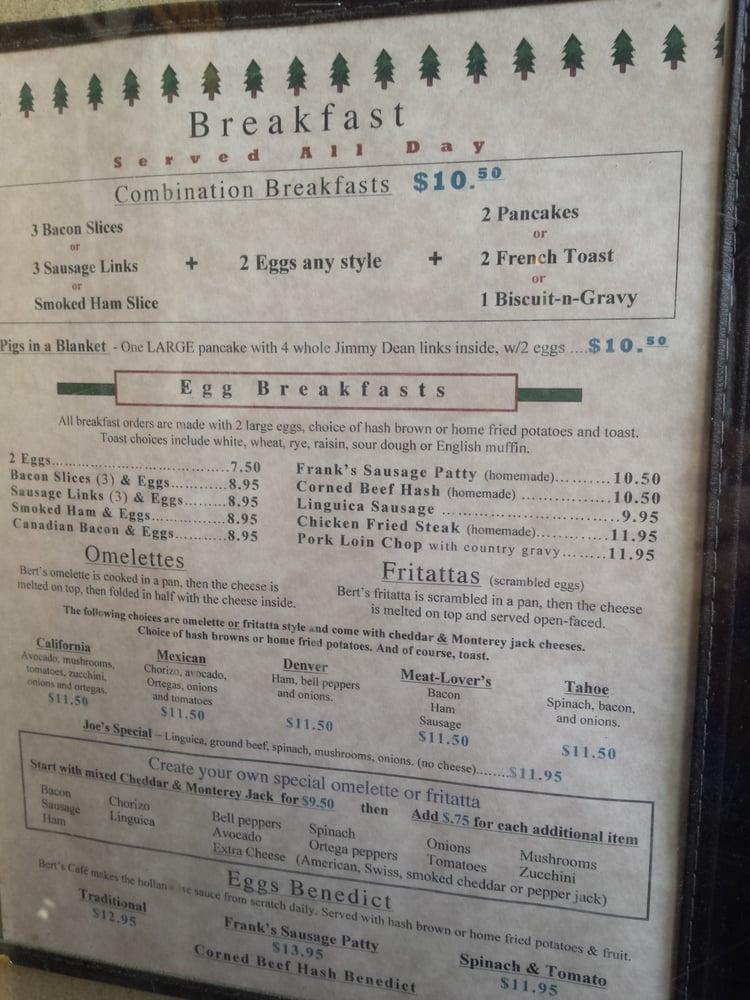 Menu at Bert's Café restaurant, South Lake Tahoe