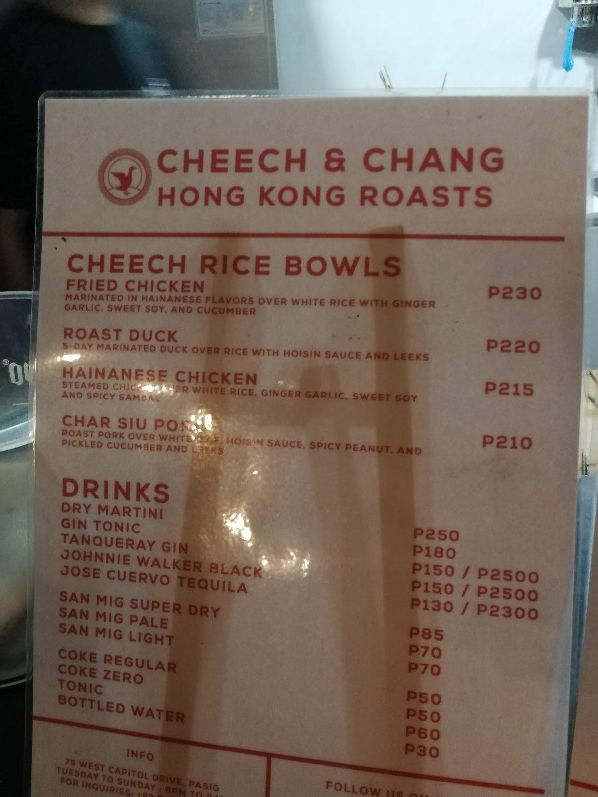 Menu at Cheech and Chang HK Roasts restaurant, Pasig