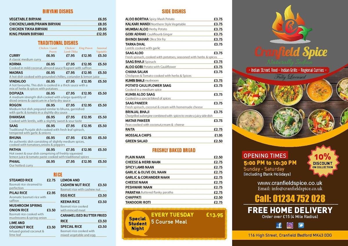 Menu at Cranfield Spice restaurant, Cranfield