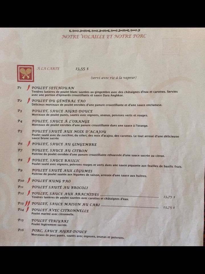 Menu au Dara Angkor restaurant, Repentigny