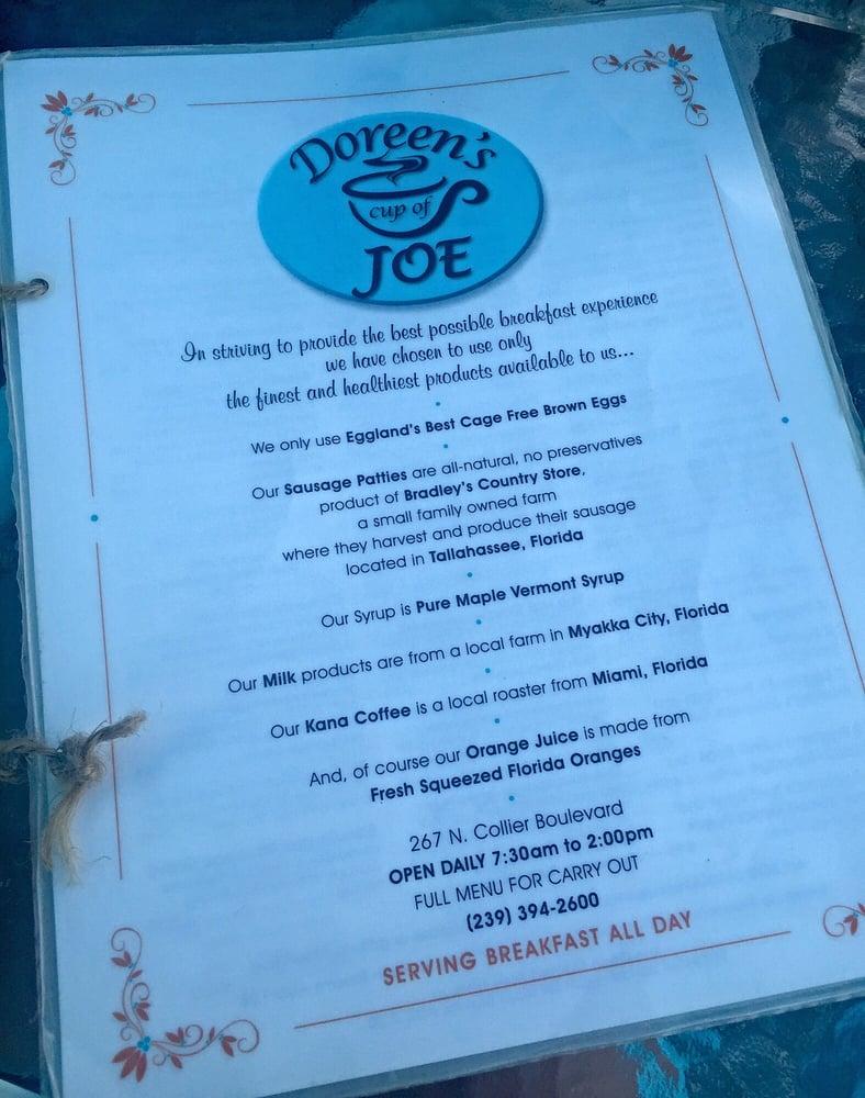 Menu at Doreen's Cup of Joe restaurant, Marco Island