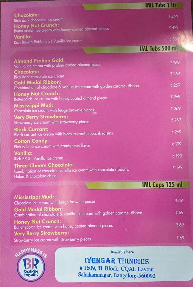 Menu at Iyengar Thindies, Bengaluru