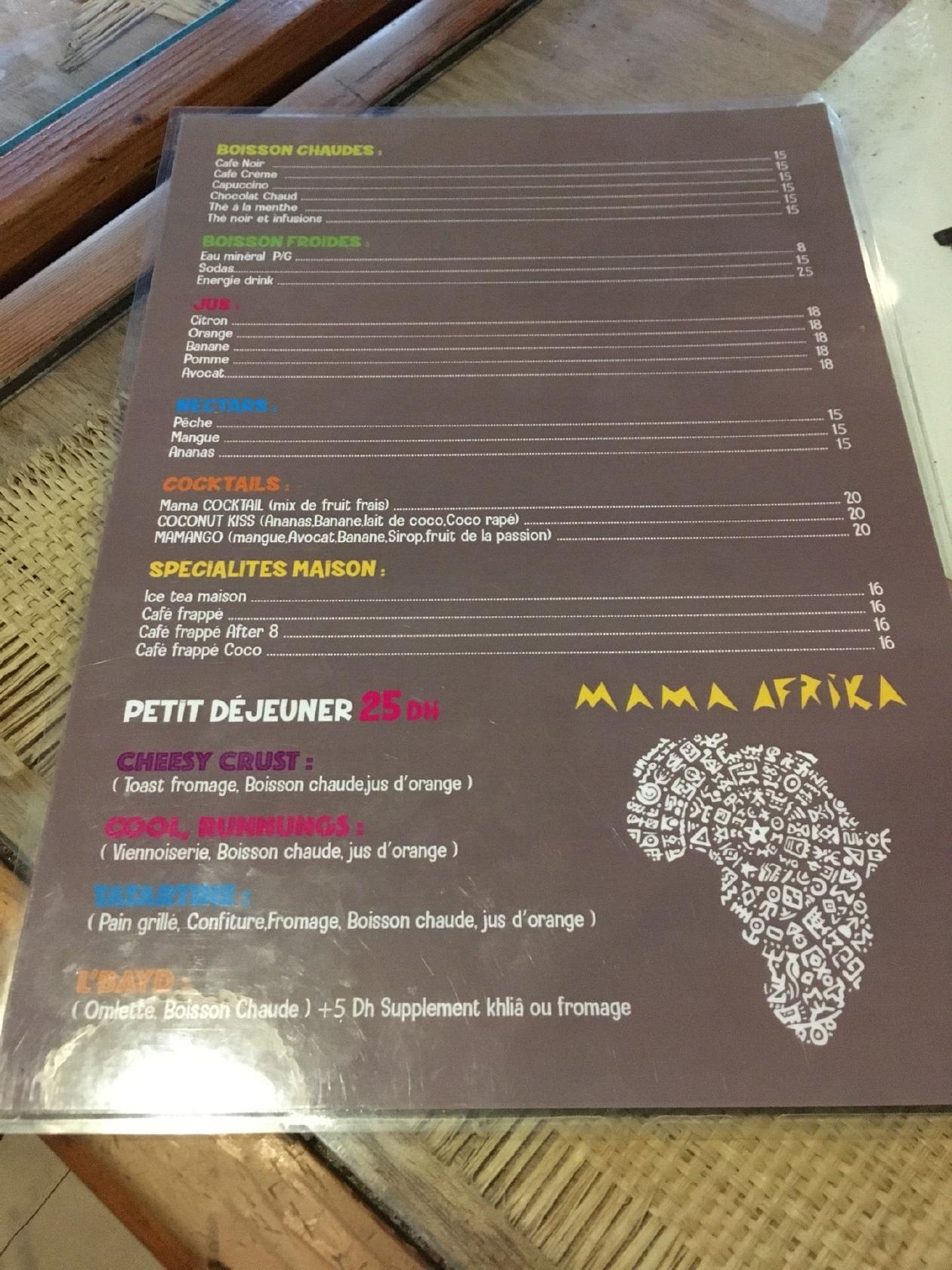 Menu at Mama Afrika restaurant, Marrakesh