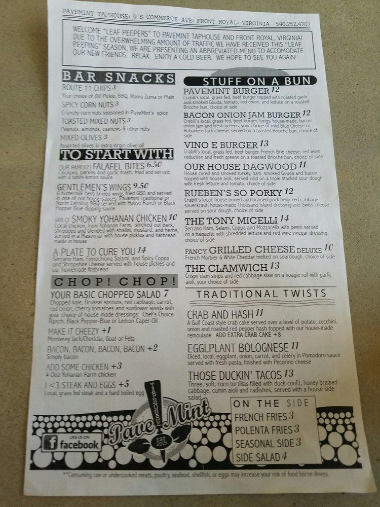 Menu at PaveMint Smokin' Taphouse pub & bar, Front Royal