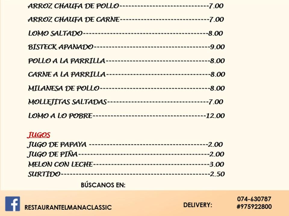 Menu at Restaurant El Maná Classic, Santa Rosa District