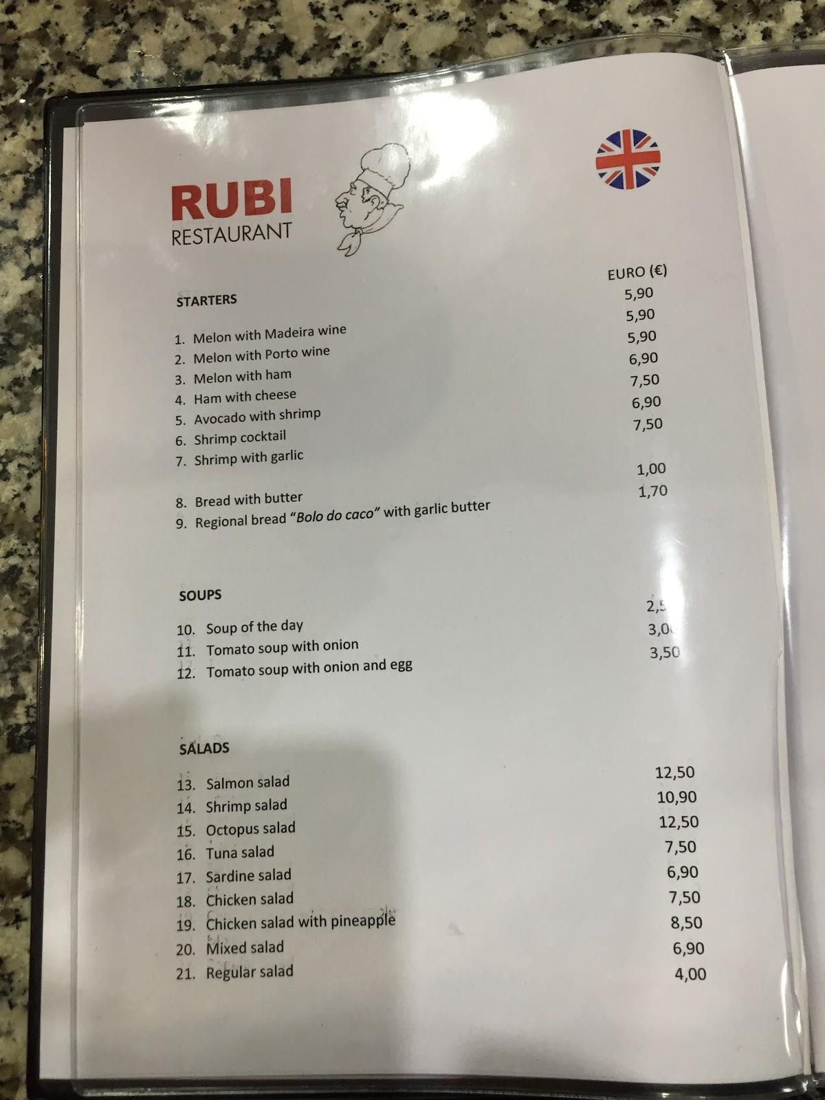 Menu em Rubi's Snack Bar, Funchal