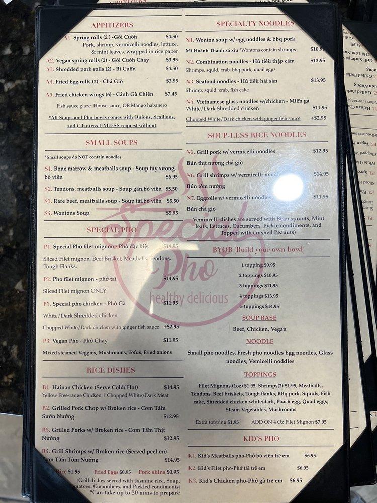 Menu at Special Pho Pinellas park restaurant, Pinellas Park