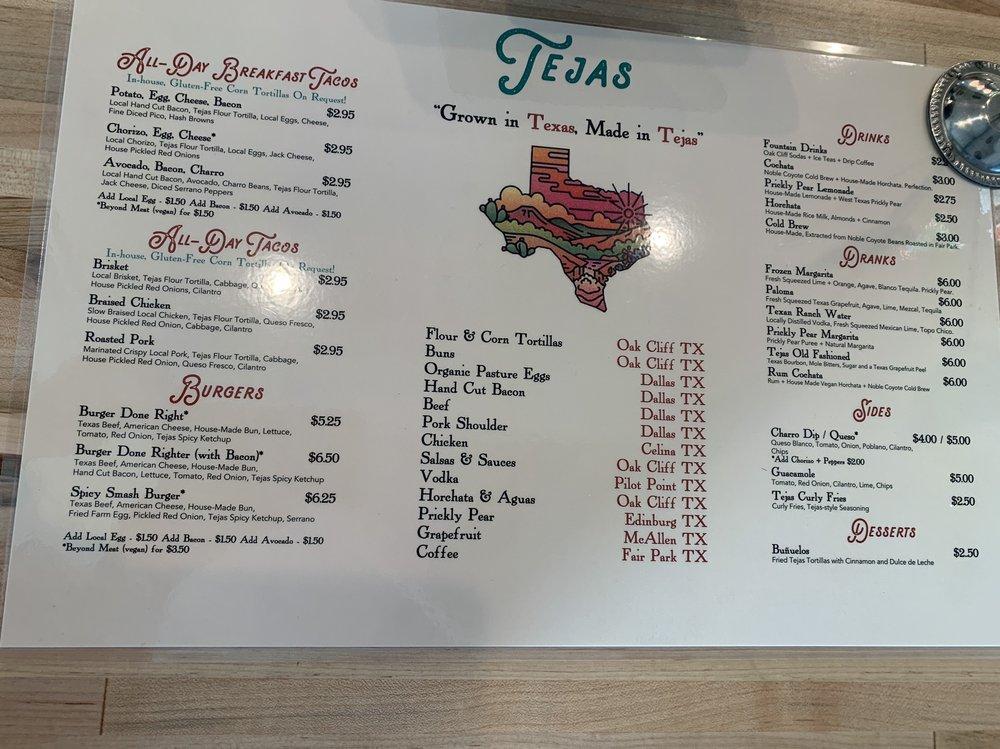 Carta del restaurante Tejas, Dallas