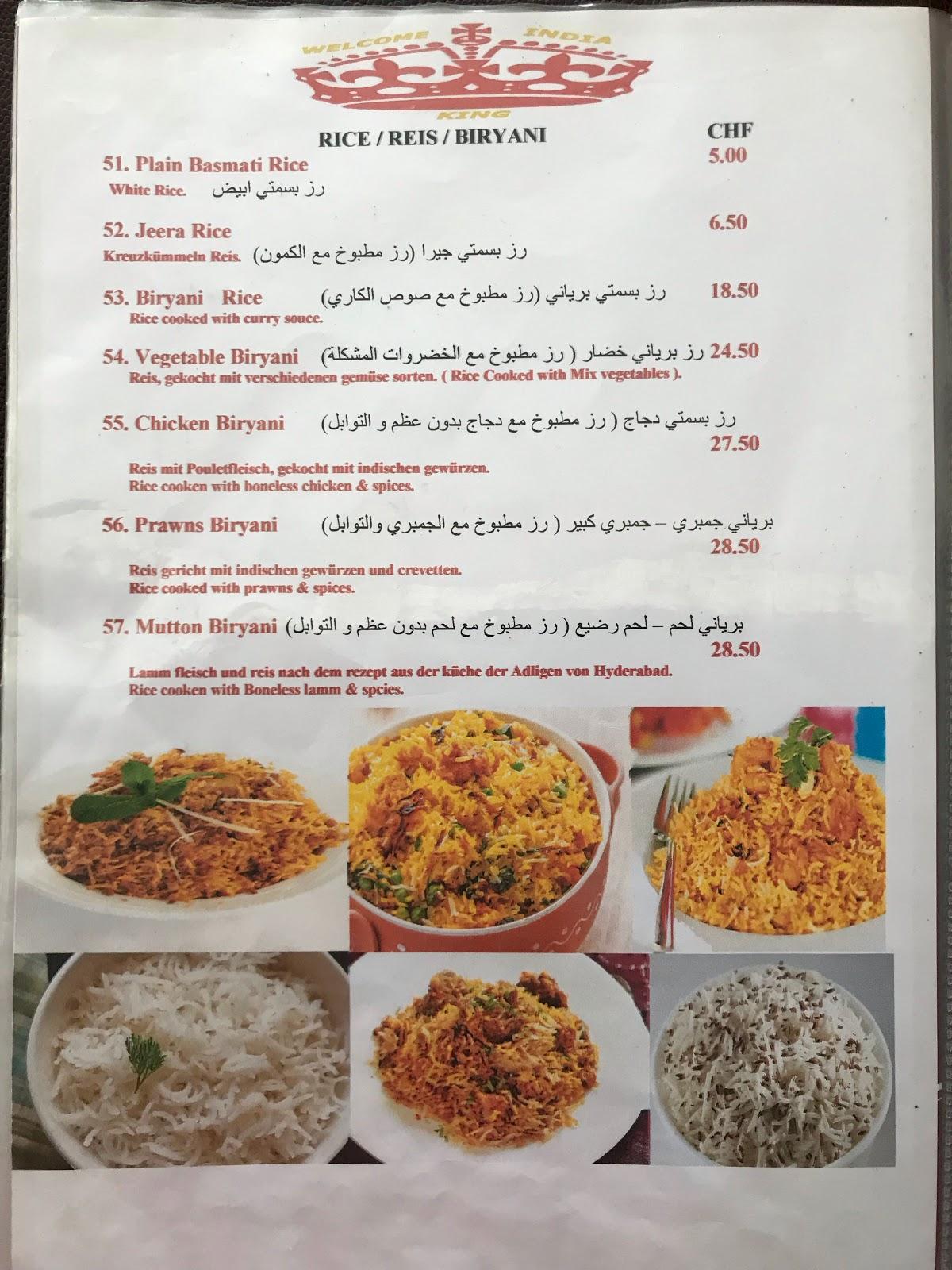Menu da Welcome India King, Interlaken