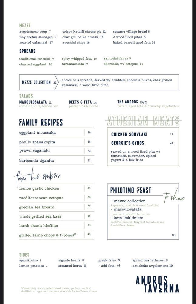 Menu at Andros Taverna restaurant, Chicago