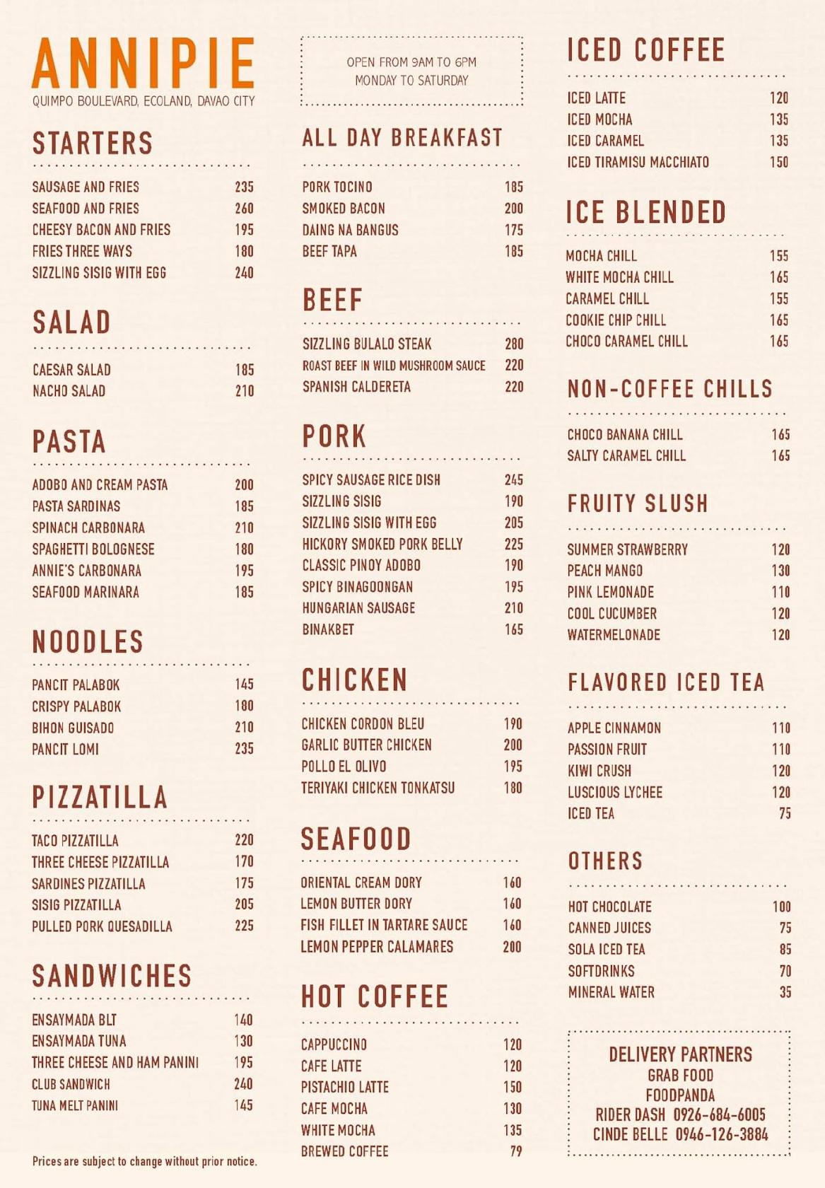 Menu at Annipie @ The Farm restaurant, Davao City
