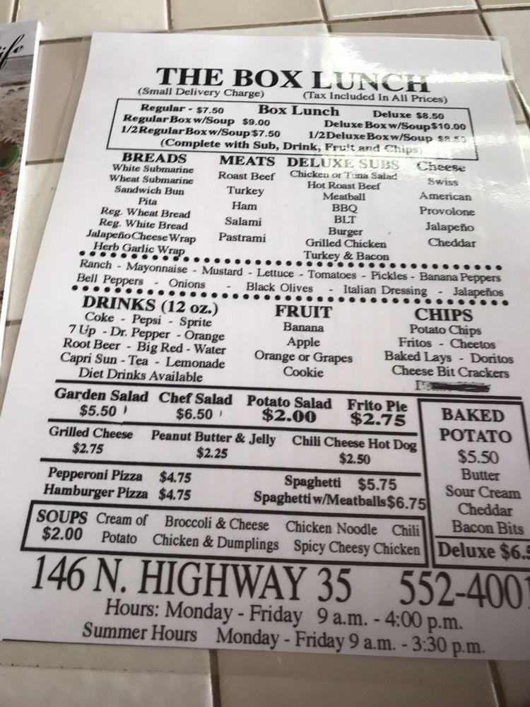 Menu at Box Lunch restaurant, Port Lavaca
