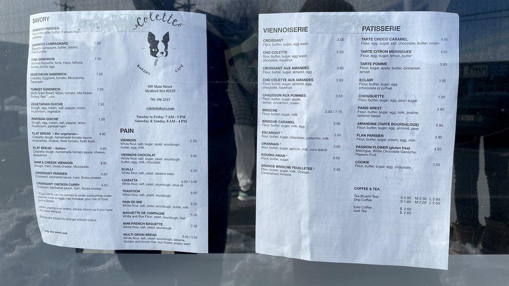 Menu at Colette Bakery, Medford