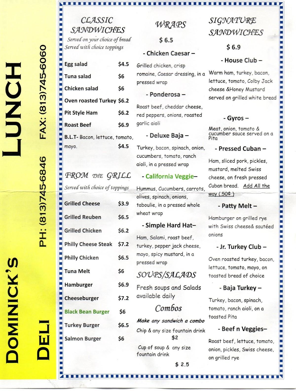 Menu at Dominick's Deli, Tampa, USF Magnolia Drive