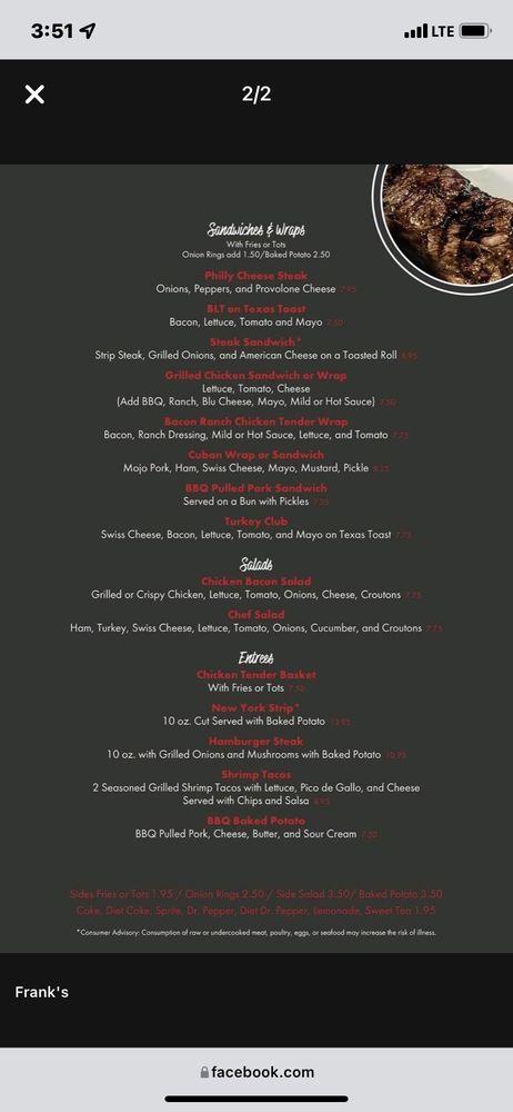 Menu at Frank’s pub & bar, Sparta