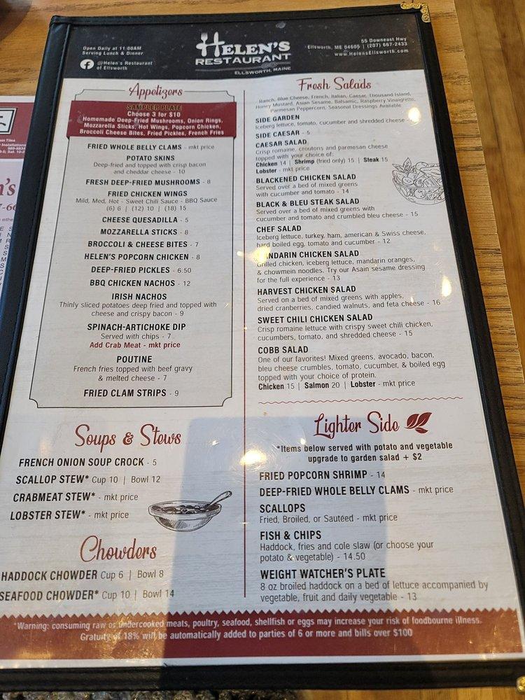 Menu at Helen's Restaurant of Ellsworth, Ellsworth