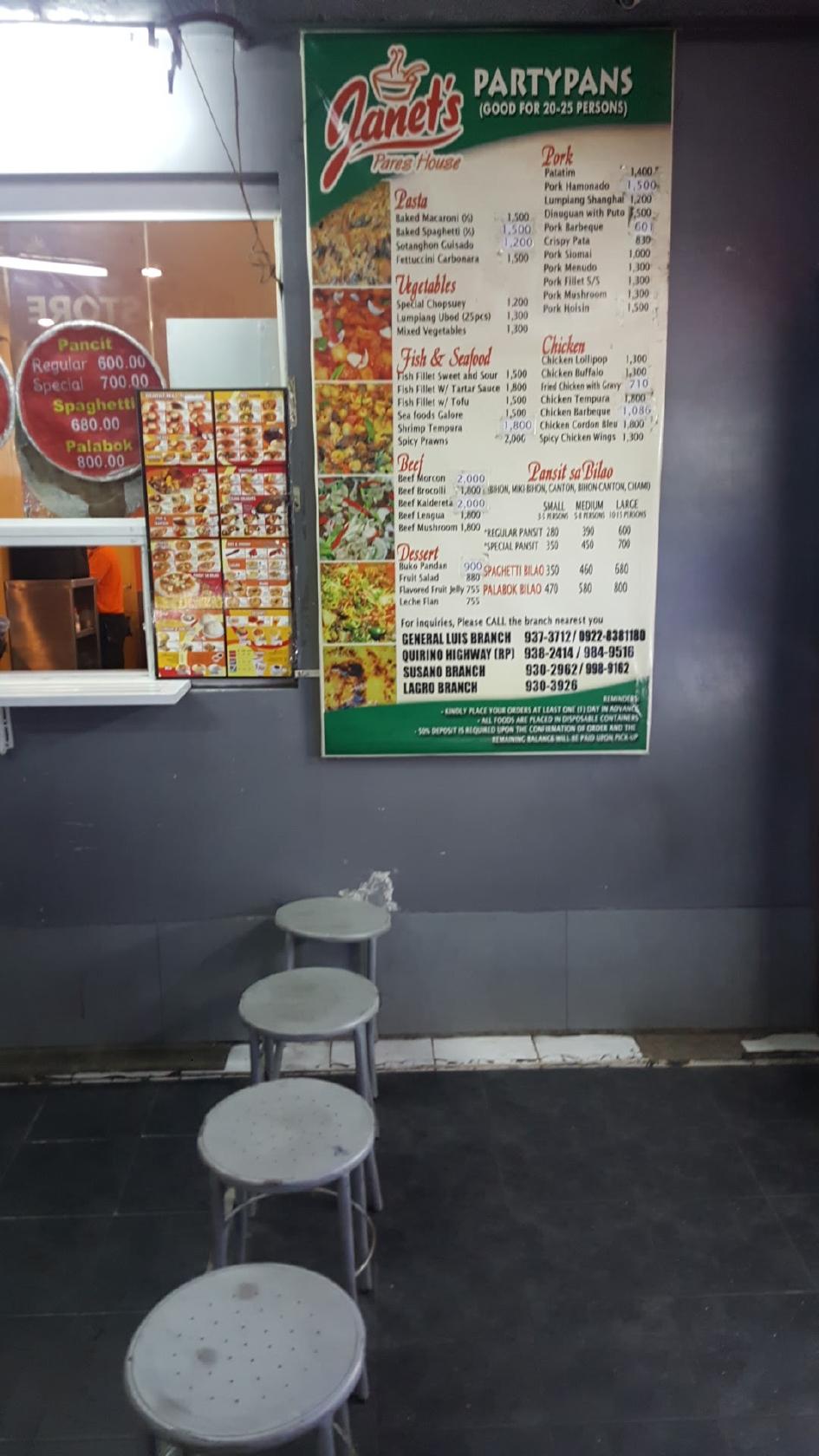 Menu at Janet’s Pares House (Main Branch) restaurant, Quezon City, P2CQ+P4M
