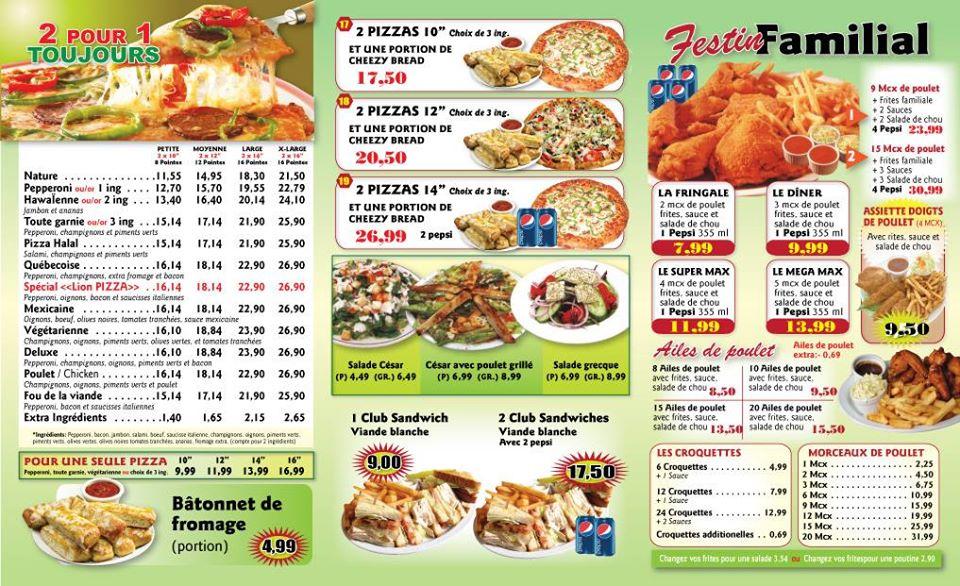 Menu au Pizza Lion pizzeria, Dollard-Des-Ormeaux