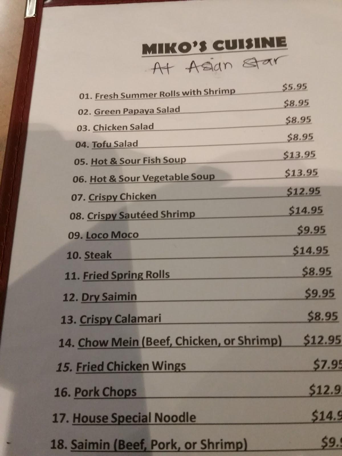 Menu at Miko’s Cuisine restaurant, Wailuku