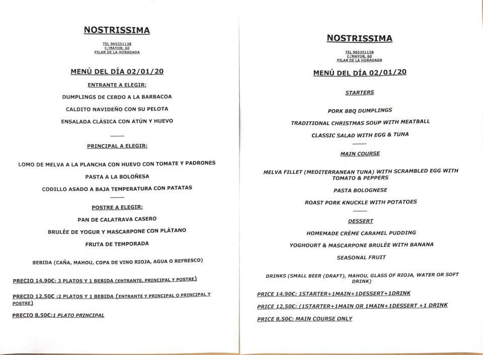 Menu at Nostrissima restaurant, Pilar de la Horadada