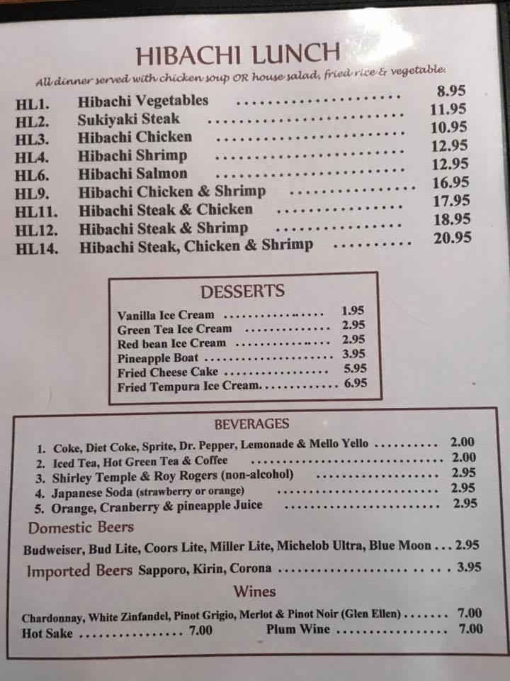 Menu at Samurai Japanese Steakhouse Hibachi & Sushi Bar, Andalusia