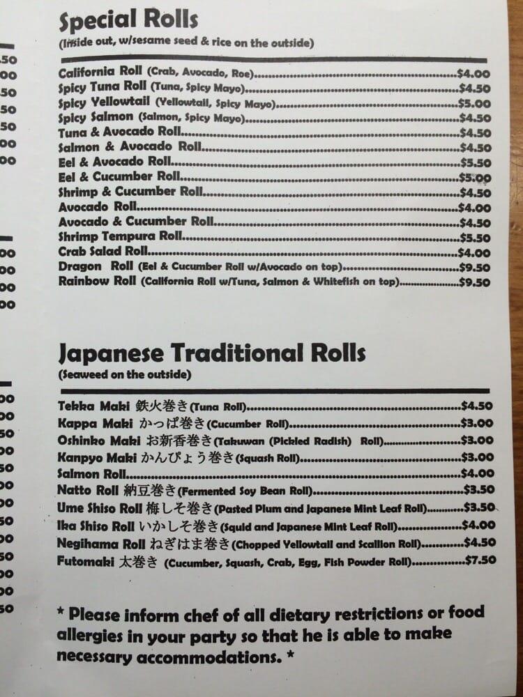 Menu at Sushi Tatsu Takeout restaurant, White Plains