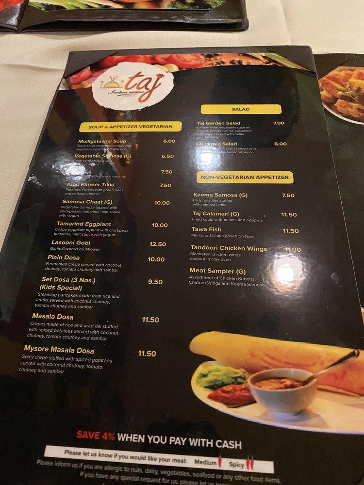 Menu at Taj Fairfield restaurant, Fairfield, Black Rock Tpke