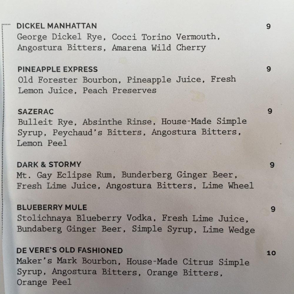 Menu at de Vere's Irish Pub, Sacramento, L St