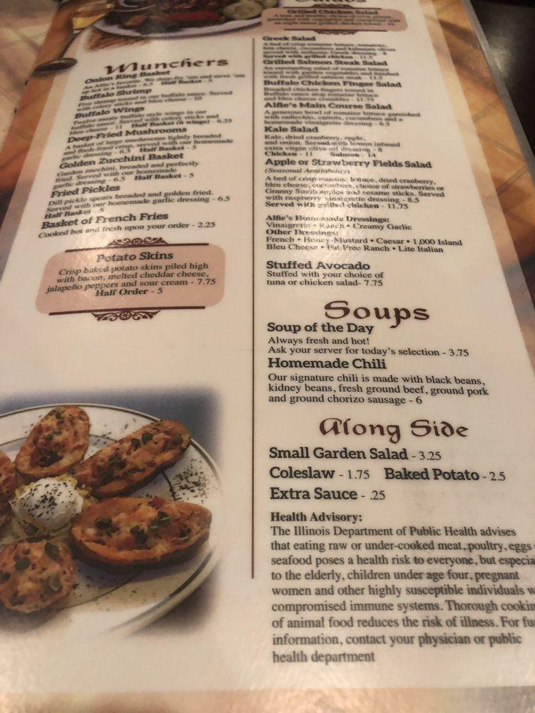 Menu at Alfie's Inn restaurant, Glen Ellyn