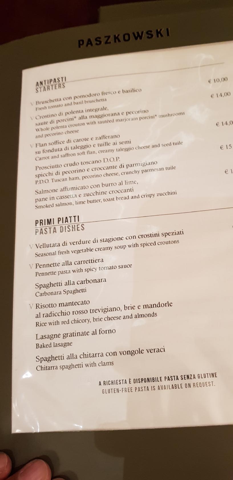 Menu at Caffe Concerto Paszkowski cafe, Florence