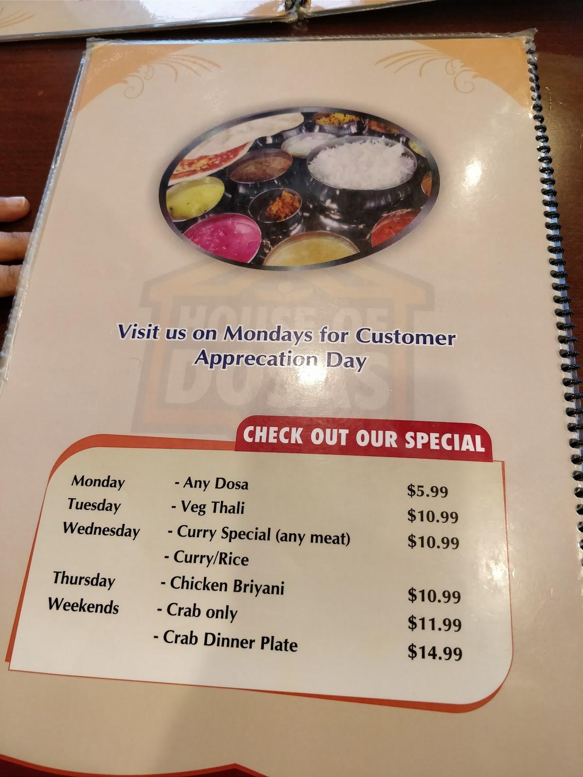 Menu at House Of Dosas restaurant, Vancouver