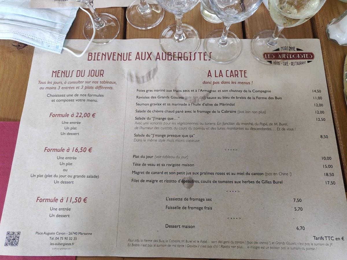 Menu au Les Aubergistes restaurant, Marsanne, Pl. Auguste Canon