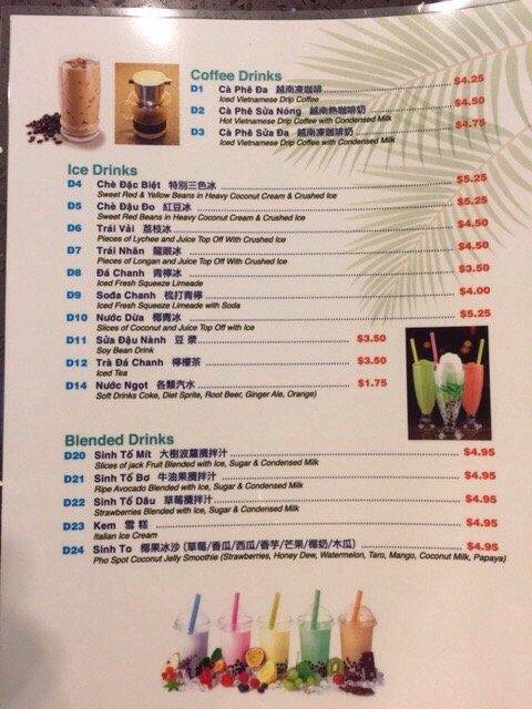 Menu at Pho Spot restaurant, North Vancouver, Lonsdale Ave