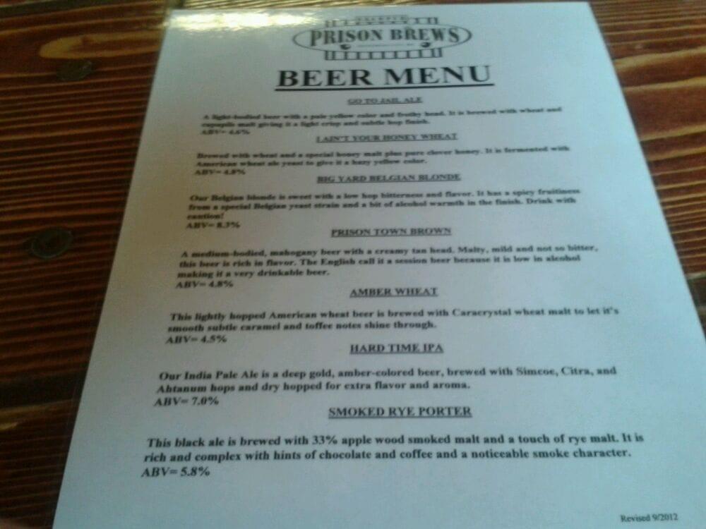 Menu at Prison Brews pub & bar, Jefferson City