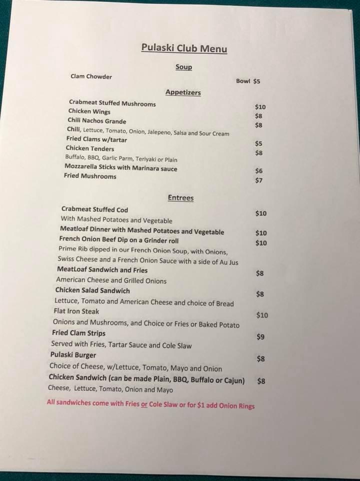Menu at Pulaski Club, Easthampton