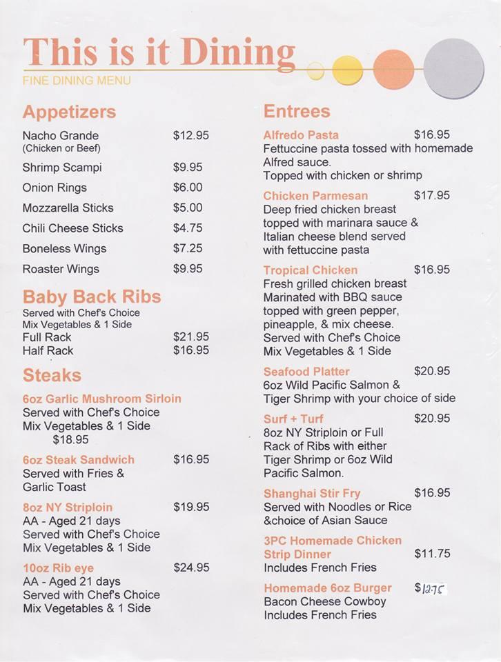 Menu at This Is It Dining, Kindersley