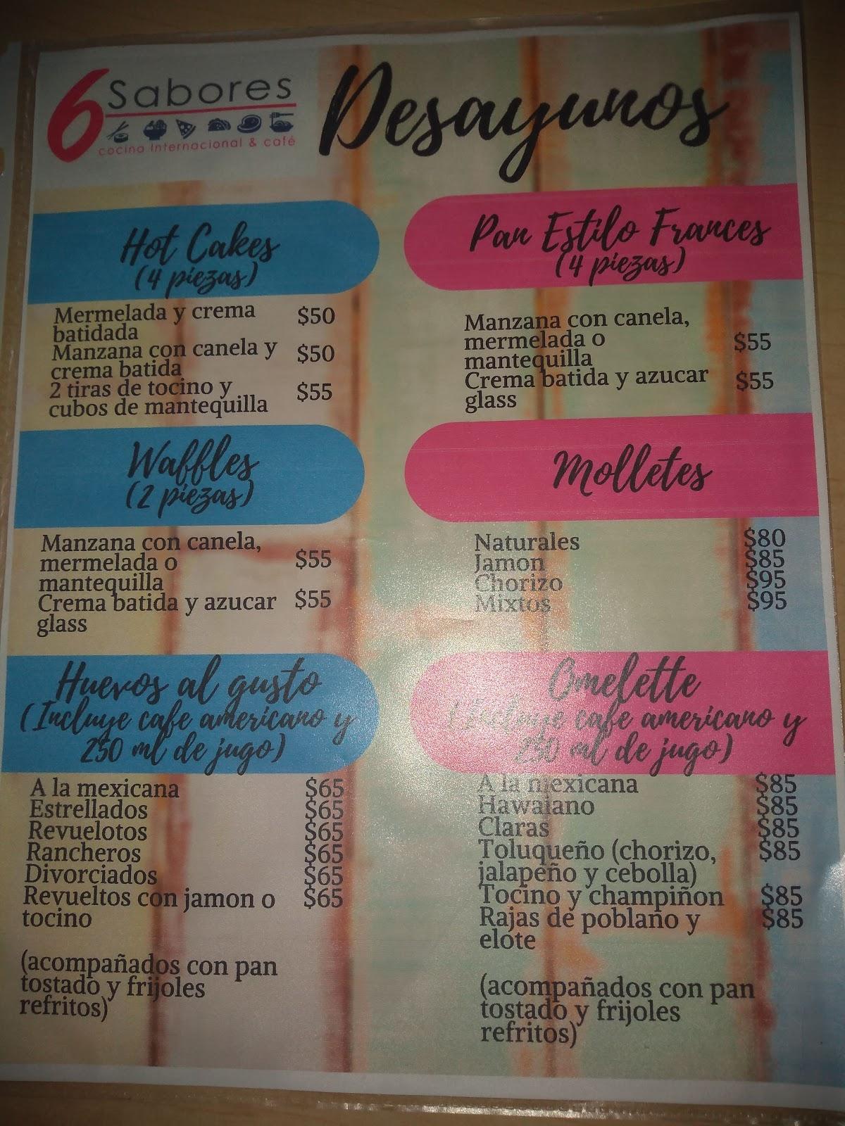 Carta del restaurante 6 Sabores, San Miguel Zinacantepec