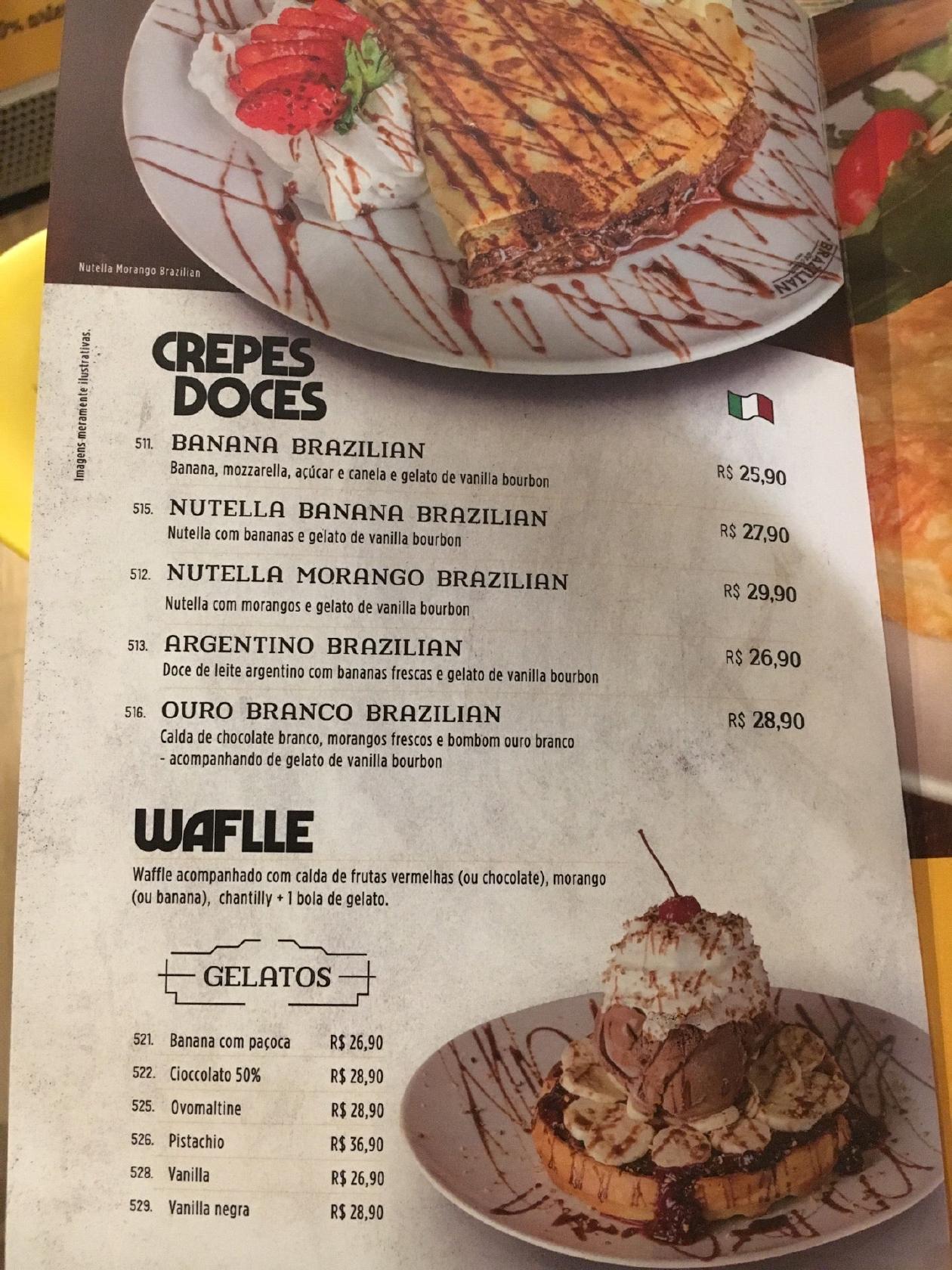 Menu at Brazilian Ice Cream cafe, Brasília, bloco A - Q CLS 209