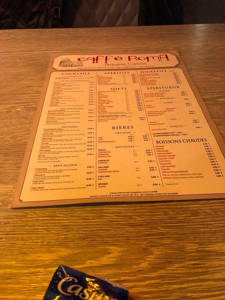 Menu at Caffé Roma cafe, Cannes