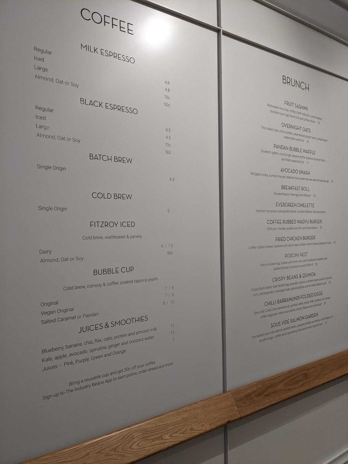 Menu at Industry Beans York St cafe, Sydney