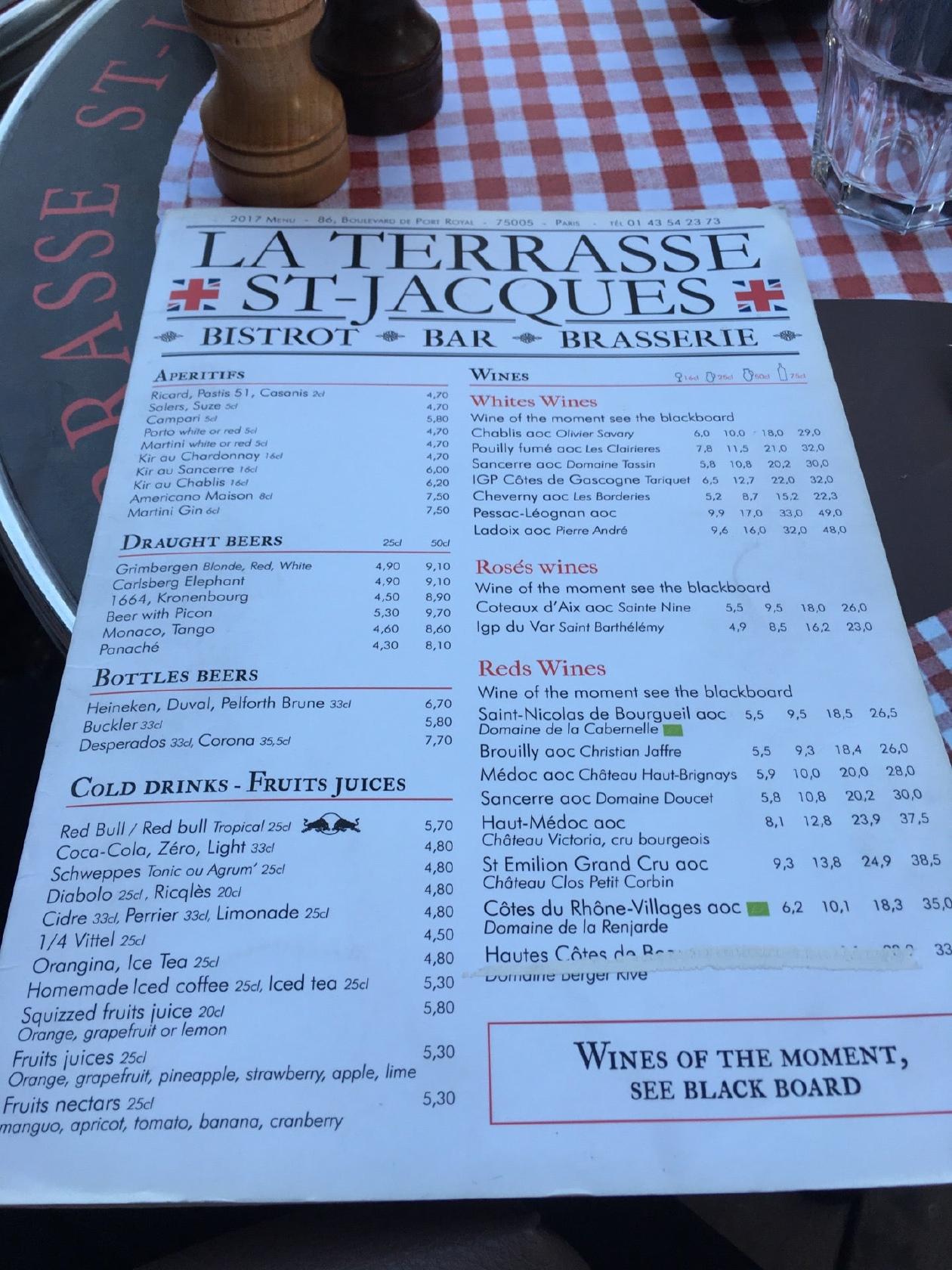 Menu au La Terrasse Saint Jacques restaurant, Paris