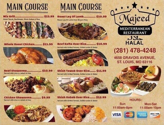 Menu at Majeed Mediterranean restaurant, St. Louis