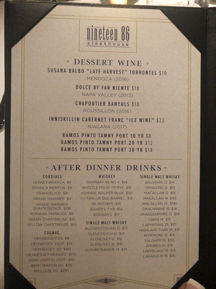 Menu at Nineteen 86 Steakhouse, Glendale