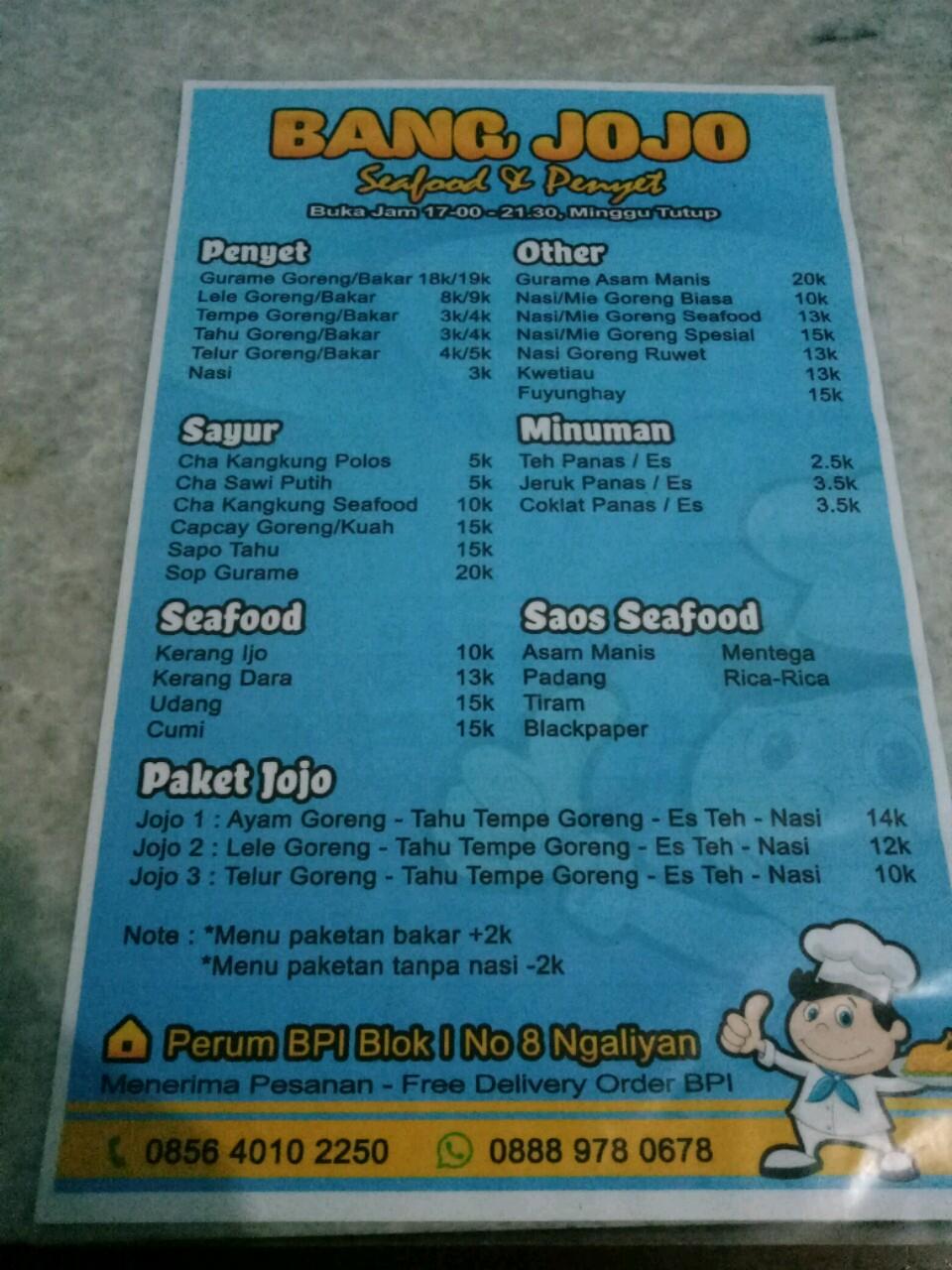Carta del restaurante Penyet&Seafood Bang JOJO, Semarang