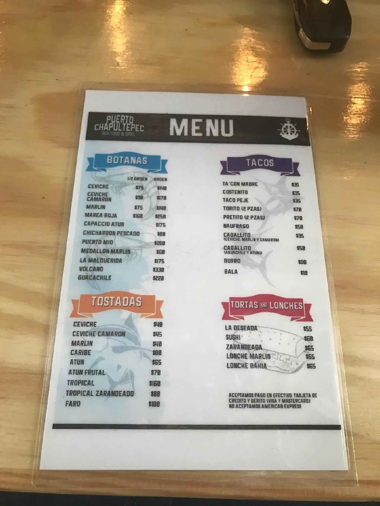 Menu at Puerto Chapultepec restaurant, Guadalajara