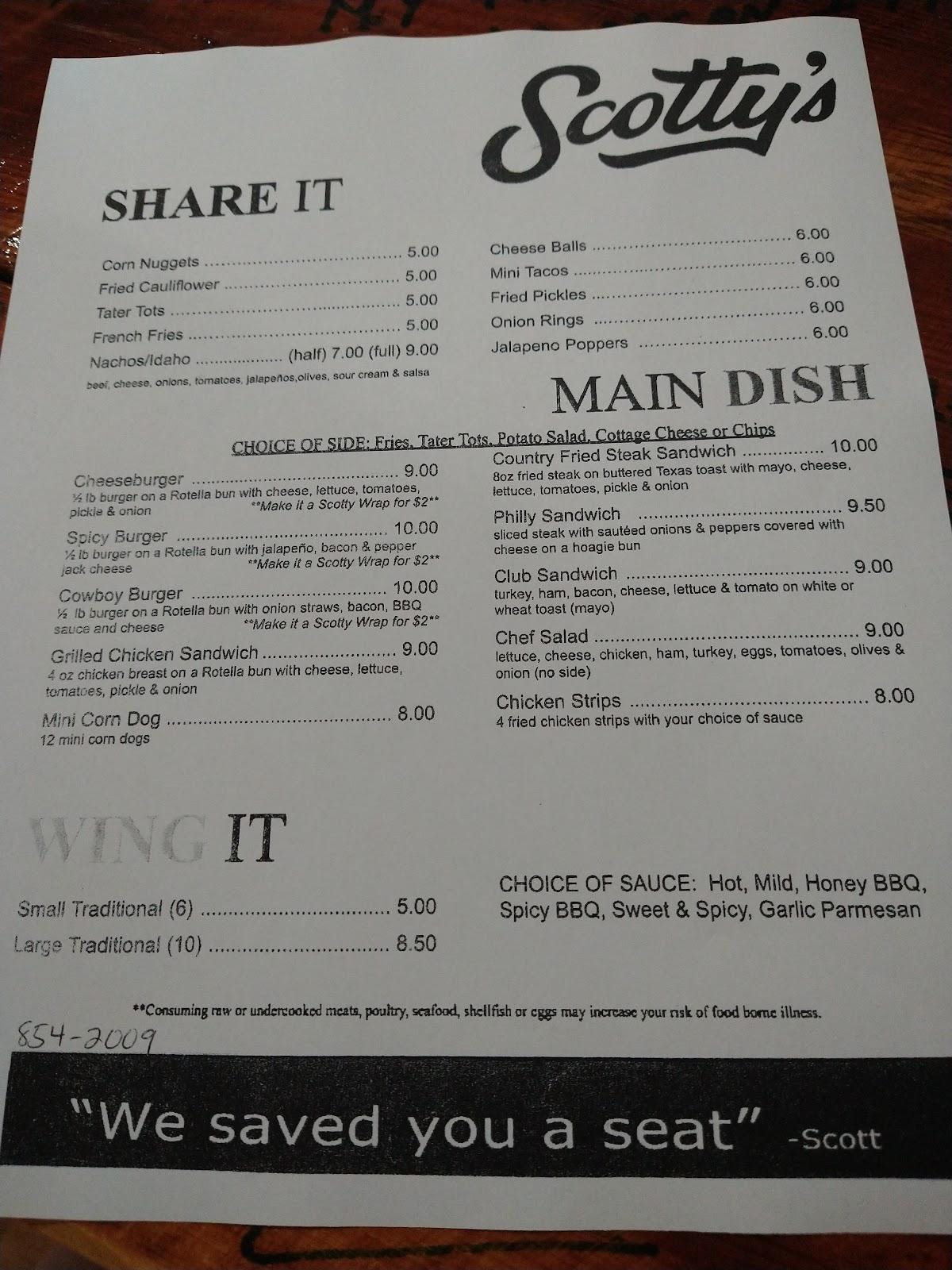 Menu at Scotty's pub & bar, Marquette
