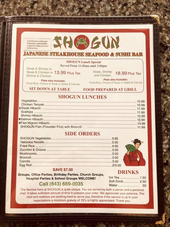 Menu at Shogun Japanese Steakhouse, Florence