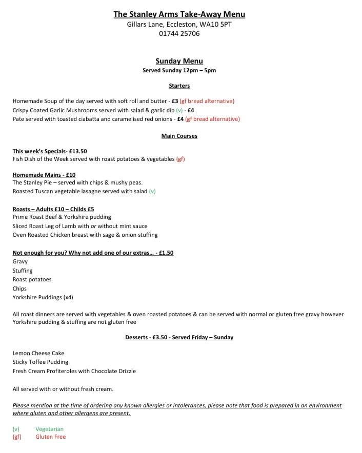 Menu at The Stanley Arms pub & bar, St Helens
