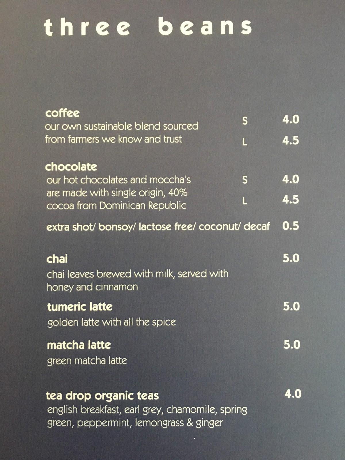 Menu at Three Beans Eagle Street cafe, Brisbane City